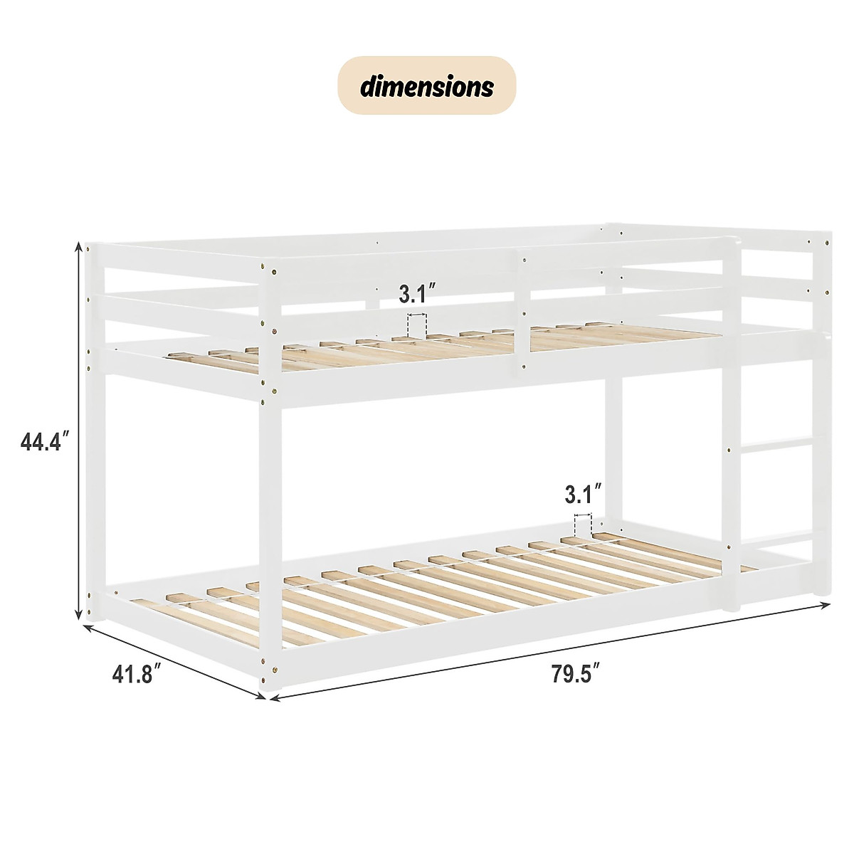 Harper & Bright Designs Low Bunk Beds Twin Over Twin Wood Twin Bunk Bed Frame with Safety Rail Ladder for Kids Bedroom Twin Floor Bunk Bed for Boys Girls Teens, White