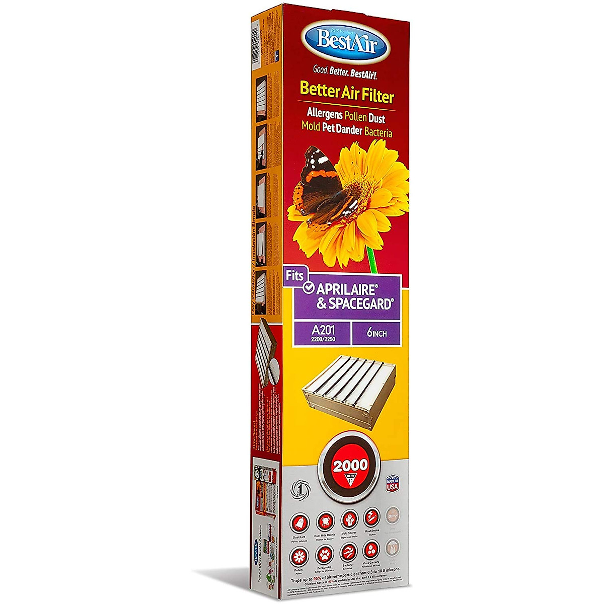 BestAir A201-SGM-11R AC Furnace Air Filter, 20" x 25" x 6", MERV 11, Without Cardboard Frame, Fits 100%, for Aprilaire/SpaceGard 2200, 2250 (201) & Lennox PMAC-20C 24" (Pack of 6)