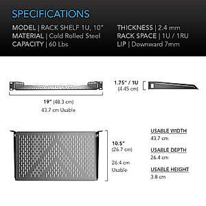 AC Infinity Vented Cantilever 1U Universal Rack Shelf, 10" Deep, for 19” equipment racks. Heavy-Duty 2.4mm Cold Rolled Steel, 60lbs Capacity