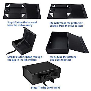 Black Luxury Magnetic Gift Box with Lid, Ribbons and Gift Bag, Medium Size-9.4x7x3 Inches, Great for Business, Christmas, New Year, Wedding, Birthdays, Groomsman, Husband, Presents Display and Packging