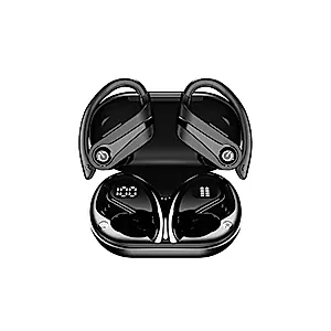 Bluetooth Headphones Wireless Earbuds 48hrs Playback IPX7 Waterproof Earphones Over-Ear Stereo Bass Headset with Earhooks Microphone LED Battery Display for Sports/Workout/Gym/Running GNMN Black