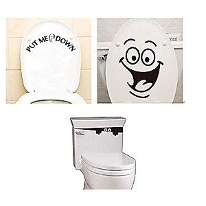 POPIGIST 3pcs Combo Washroom Room WC Toilet Seat Stickers Put ME Down Monster Smiley Face Wall Art Decal Sticker Funny Kids Potty Training