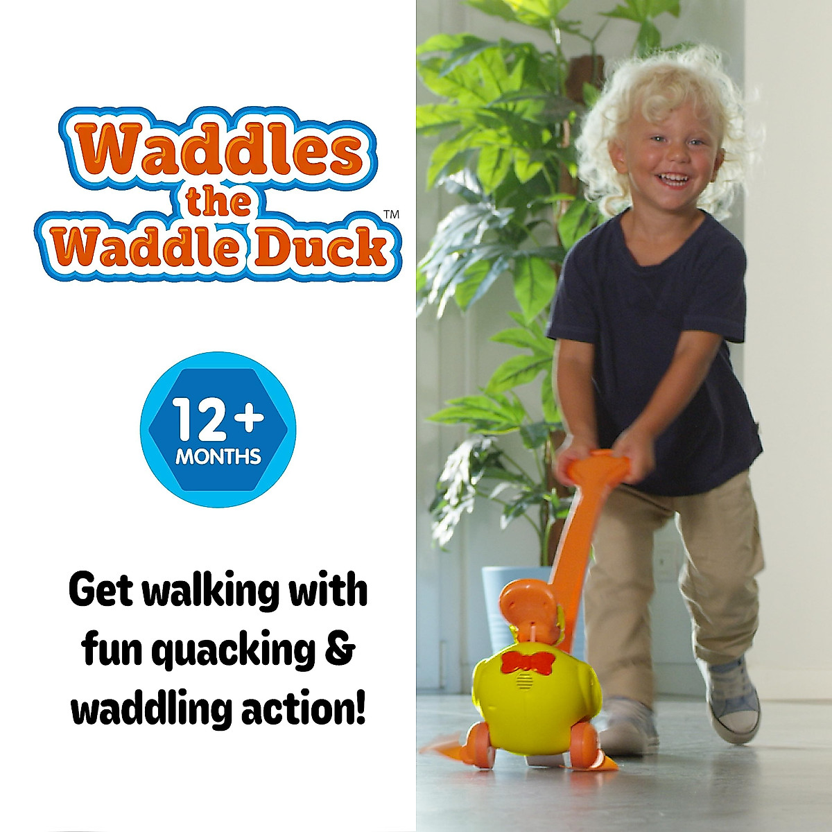 Waddles the Waddle Duck - Baby to Toddler Push Toy with Quacking Sounds and Waddling Action, Walking Toy for 1-3 Year Olds, Great for 1 Year Old Learning to Walk - Yellow