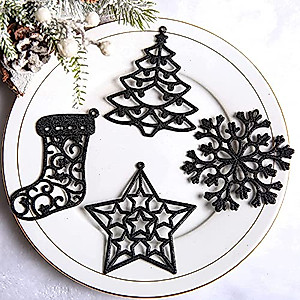 Glitter Snowflake Ornaments for Christmas Tree, 40pcs Black Christmas Decoration Hanging Decorations for Halloween Xmas Tree, Window, Door