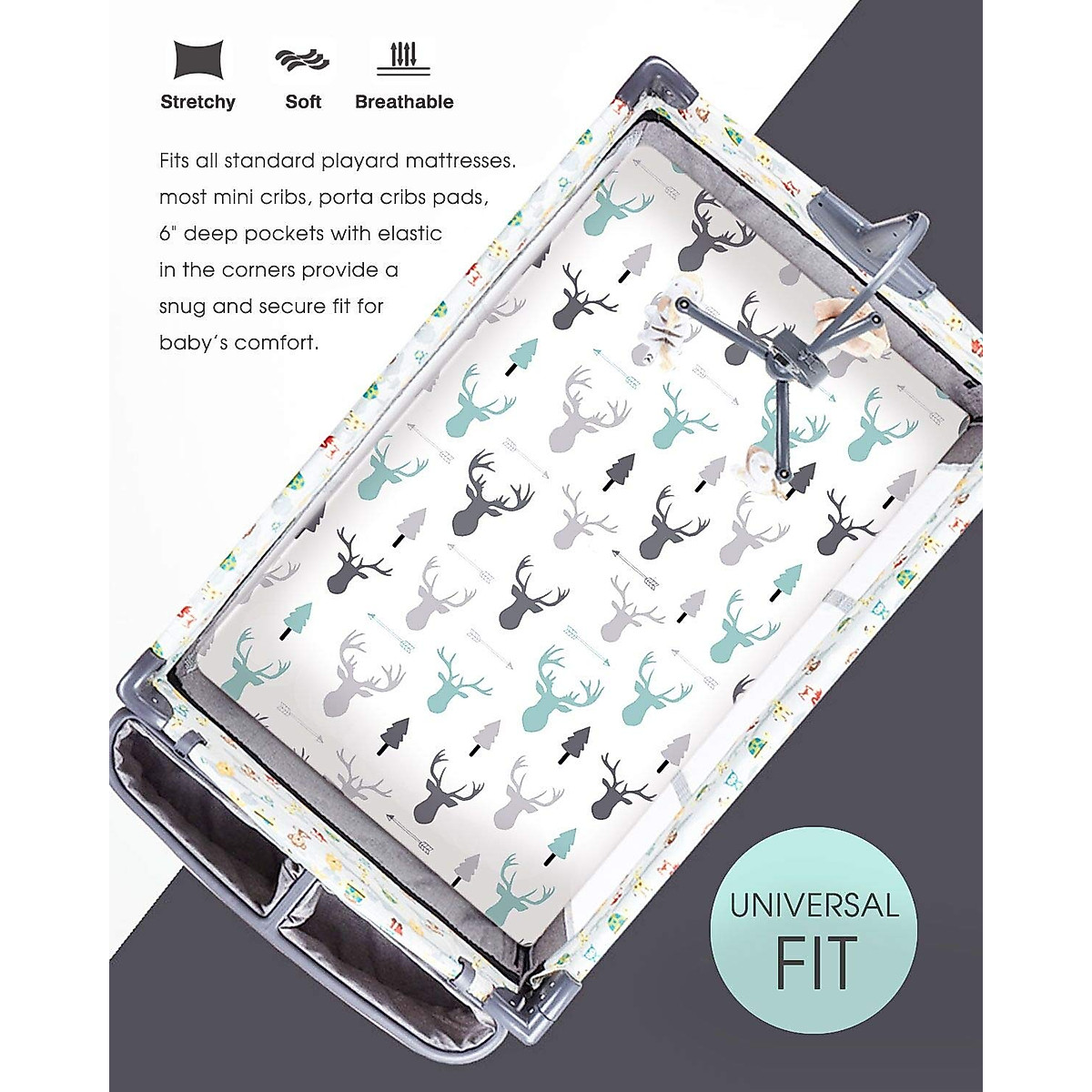 GRSSDER Stretchy Ultra Soft Jersey Knit Fitted Pack n Play Sheets 2 Pack, Playard Sheets for Baby Girls and Boys, Universal Fit for Pack N Plays Safe and Snug, Cute Bear and Deer