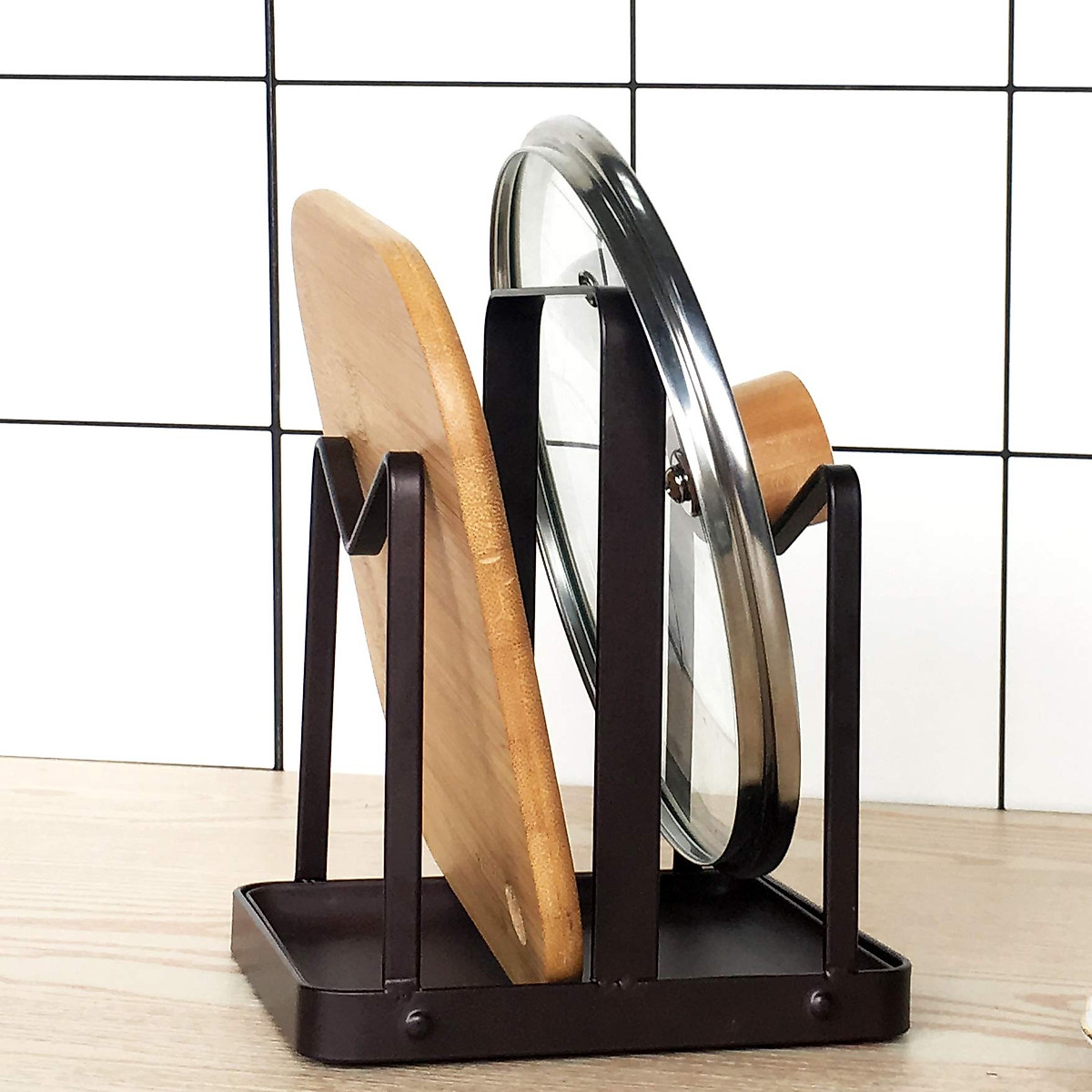 Pot Lid Holder Cutting Board Drain Rack Countertop Storage Shelf(Black)