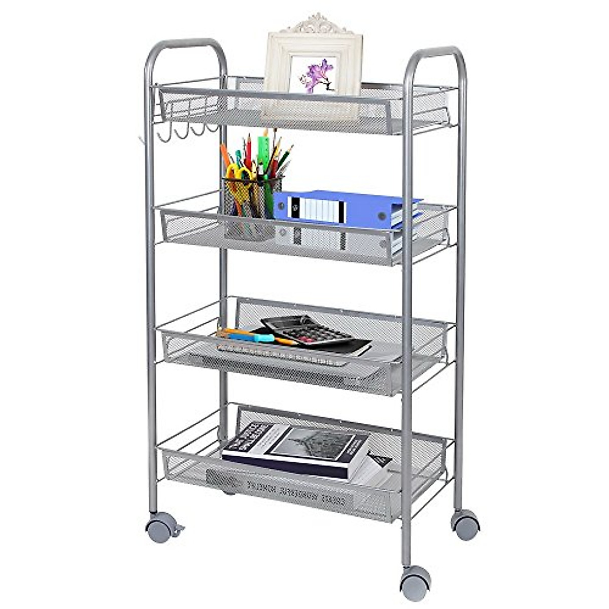 4-Storey Wheeled Office Storage Rack, Kitchen Storage Rack, Bathroom Storage, Suitable for Placing Items in Garage, Kitchen, Food Storage Room and Living Room