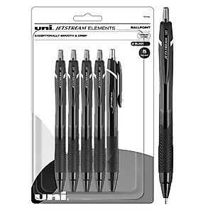 uni-ball Jetstream Elements Retractable Ballpoint Pen 5 Pack in Black with 1.0mm Medium Point Pen Tips, Uni-Super Ink is Smooth, Vibrant, and Protects Against Water, Fading, and Fraud