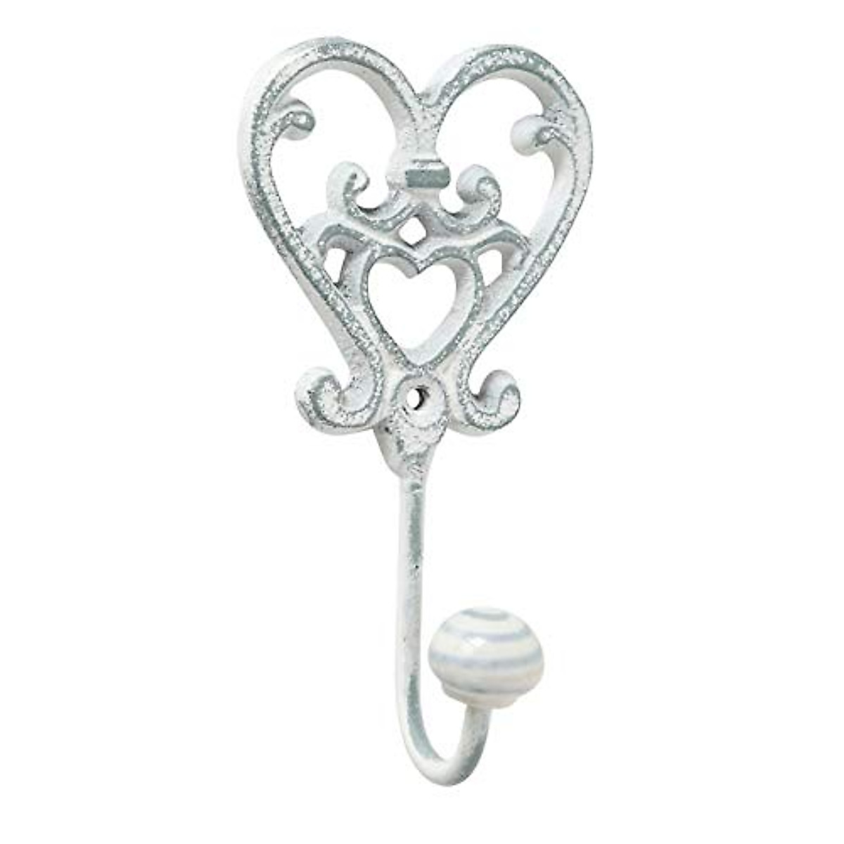 Romantic Chateaux Wall Hooks, Set of 3, Shabby French Country Style, Rustic White Finish, Cast Iron, Vintage Inspired, Striped Porcelain Caps, Each 2 3/4 L x 1 1/2 W x 5 1/2 H inches