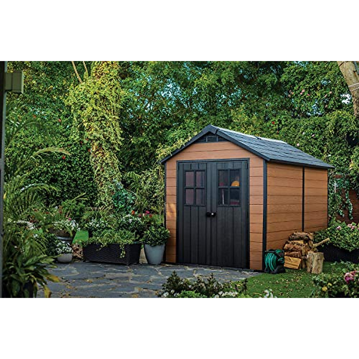 Keter Newton 7.5x11 Large Resin Outdoor Storage Shed Kit – Perfect to Store Patio Furniture, Garden Tools, Bike Accessories, and Lawn Mower, Mahogany Brown
