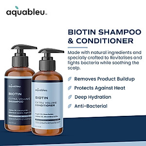 Aquableu Biotin Volumizing Shampoo & Conditioner Set – Natural Thickening & Volume For Thicker Fuller Hair - Promotes Healthy Hair Growth - Includes Coconut, Keratin, Argan & Jojoba Oil – Sulfate Free