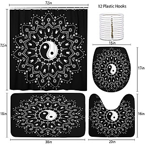 HODKHNO Yin Yang Mandala Shower Curtains Sets with Non-Slip Rugs, Toilet Lid Cover and Bath Mat Waterproof Bathroom Decor 4Pcs Set (72 x 72In)