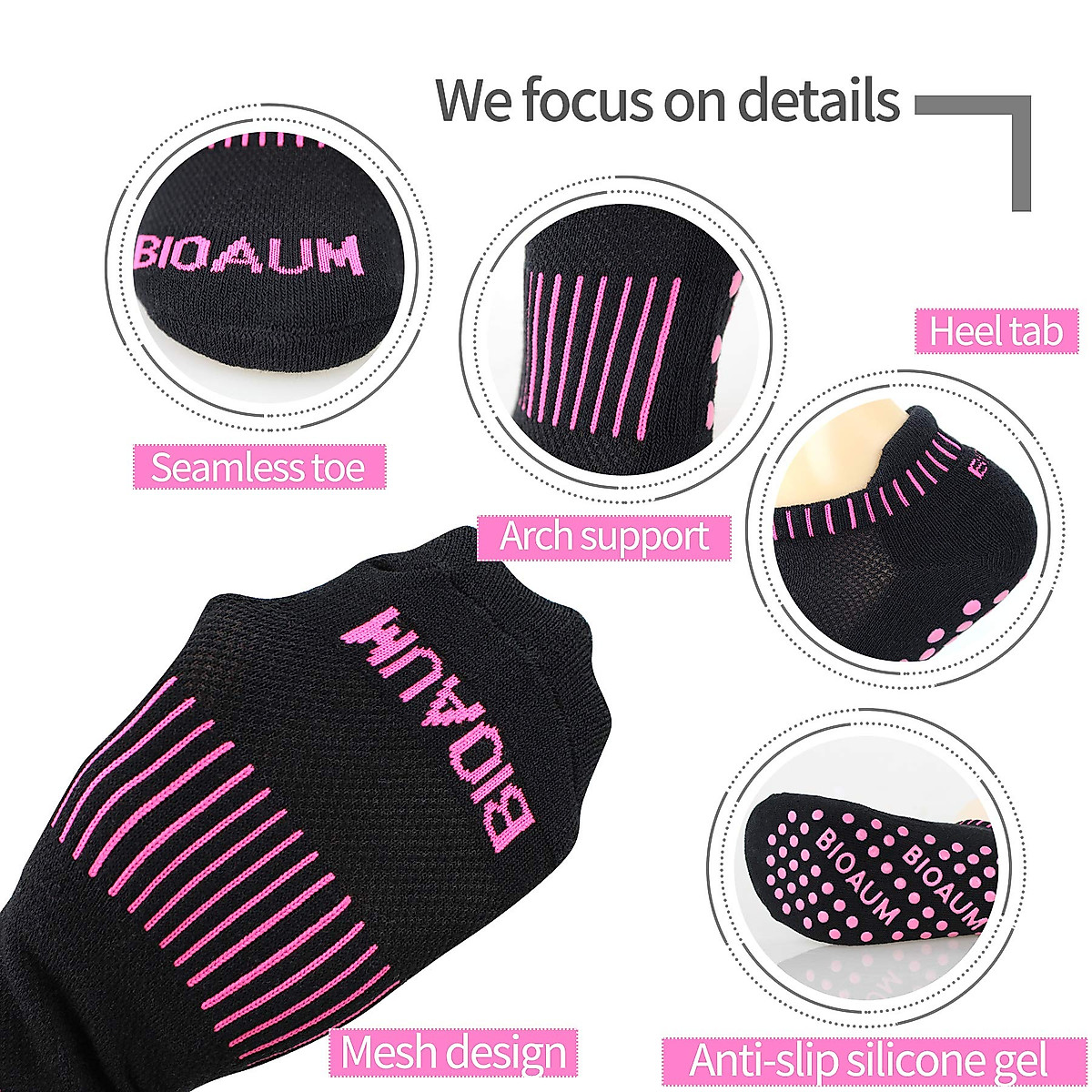 BIOAUM Yoga Socks for Women - 6 Pairs Cotton Cushion Non Slip Grip Slipper Pilates Hospital Socks