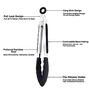 Rasfihip 3 Pack Stainless Steel Black Kitchen Tongs, Premium Silicone BPA Free Non-Stick BBQ Cooking Grilling Locking Food Tongs, 7-Inch 9-Inch & 12-Inch