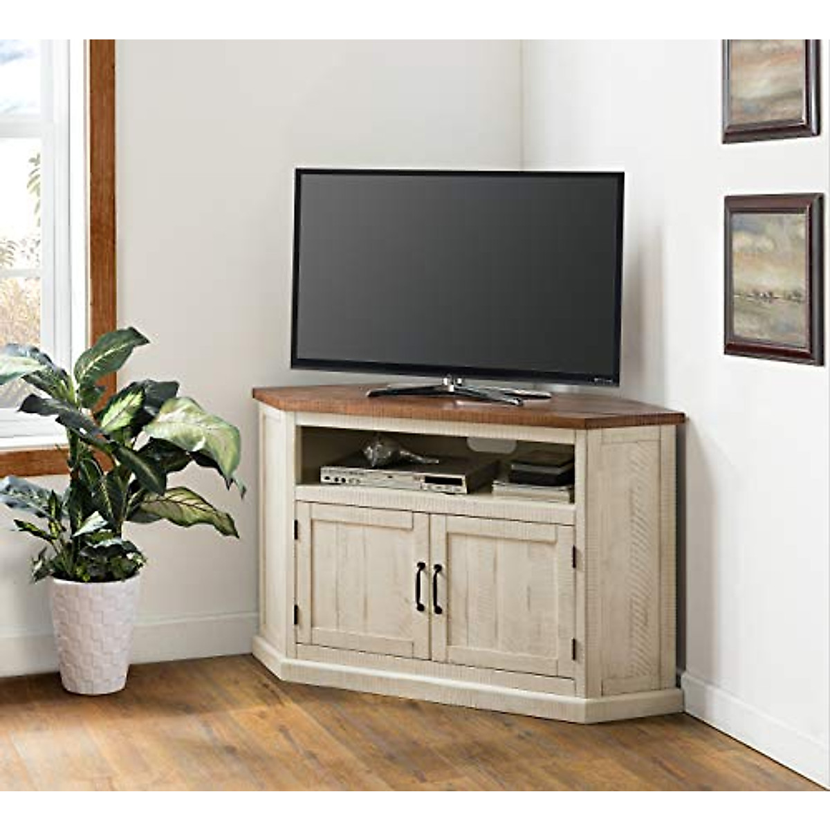 Martin Svensson Home Rustic Solid Wood Corner TV Stand, Antique White and Honey Tobacco