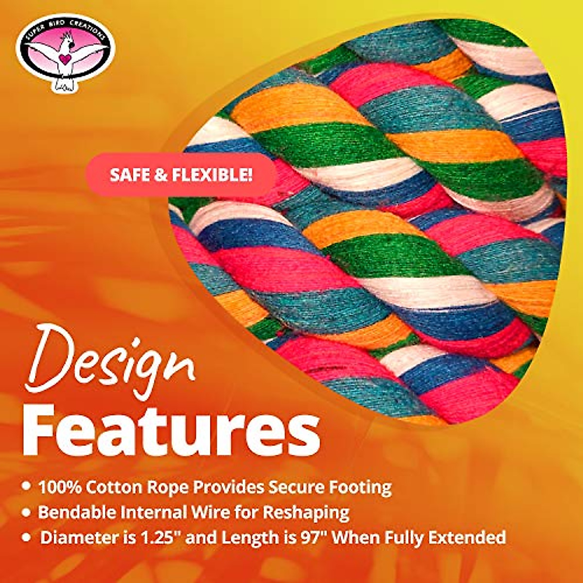 Super Bird Creations SB326 Colorful Cotton Bungee Rope Bird Toy, Large/XL Bird Size, 1.25” Diameter x 97”,Varies