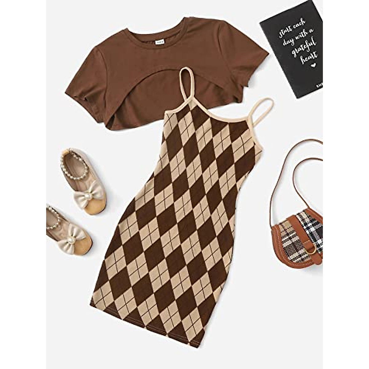 SweatyRocks Girl's 2 Piece Outfits Argyle Print Cami Mini Dress with Short Sleeve Crop Tee Brown 8Y