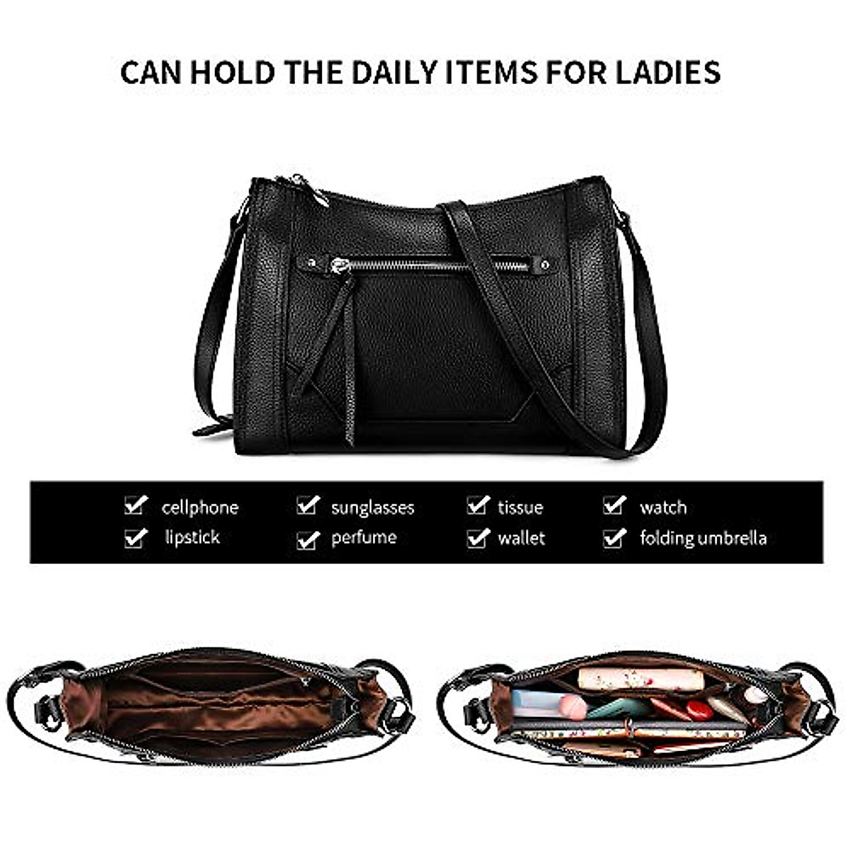 Kattee Genuine Leather Purses and Handbags for Women Crossbody Stachel Shoulder Bags Black