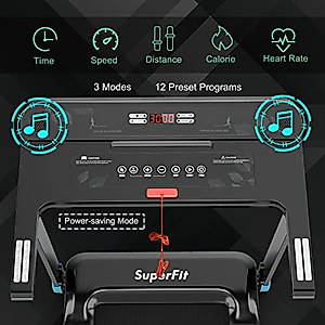 Goplus Folding Treadmill, Compact Superfit Treadmill with APP Control, Blue Tooth Speaker, 12 Preset Programs, LED Display and Device Holder, Walking Running Machine for Home Office (Navy)