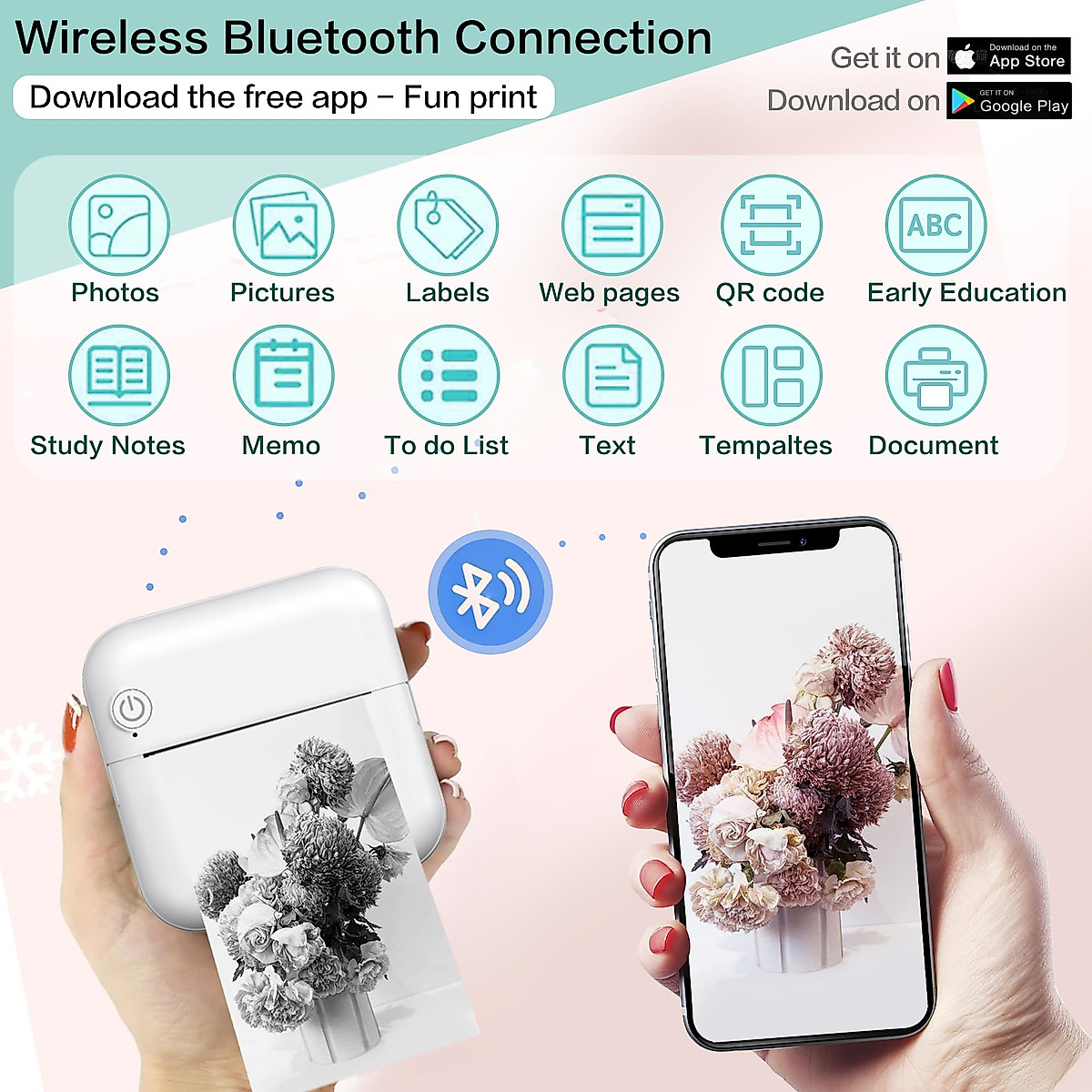 Mini Printer Portable, Inkless Sticker printer with 8 Rolls Paper, Bluetooth Wireless mini thermal printer, Print Pod Compatible with iOS + Android for Journal, Memo, Photo, DIY, Work, Gifts (Pink)