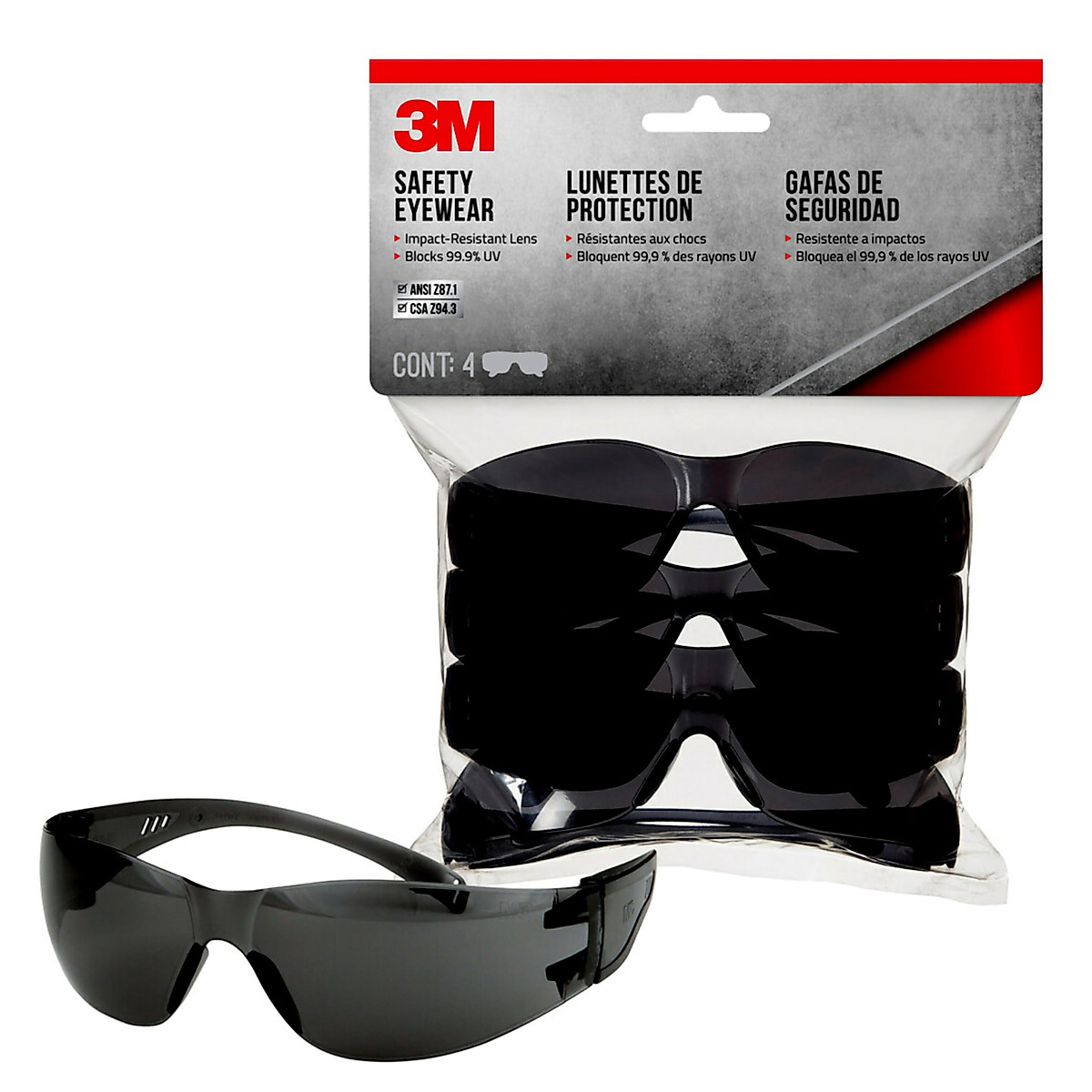 3M Safety Eyewear, 4 Pack, Impact-Resistant Lens, Blocks 99.9% of UV, Scratch-resistant coating, Contoured Design, Gray Lenses Help Reduce Sunlight, Sleek Design Safety Glasses (90954H4-DC)