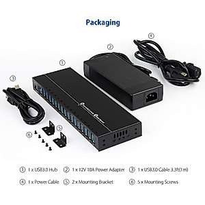 Powered USB Hub - UUSTK 16 Ports 120W USB 3.0 Data Hub - with Mounting Bracket and 12V/10A Power Adapter USB Hub 3.0 Splitter for Laptop, PC, Computer