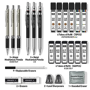 FourCandies 25PCS Art Mechanical Pencil Set with Case, 3PCS Metal Artist Lead Pencil 0.5, 0.7, 0.9 mm & 3PCS 2mm Lead Holder(HB 2H 2B 4B Color) with 432PCS Graphite Lead Refills for Drawing Sketching