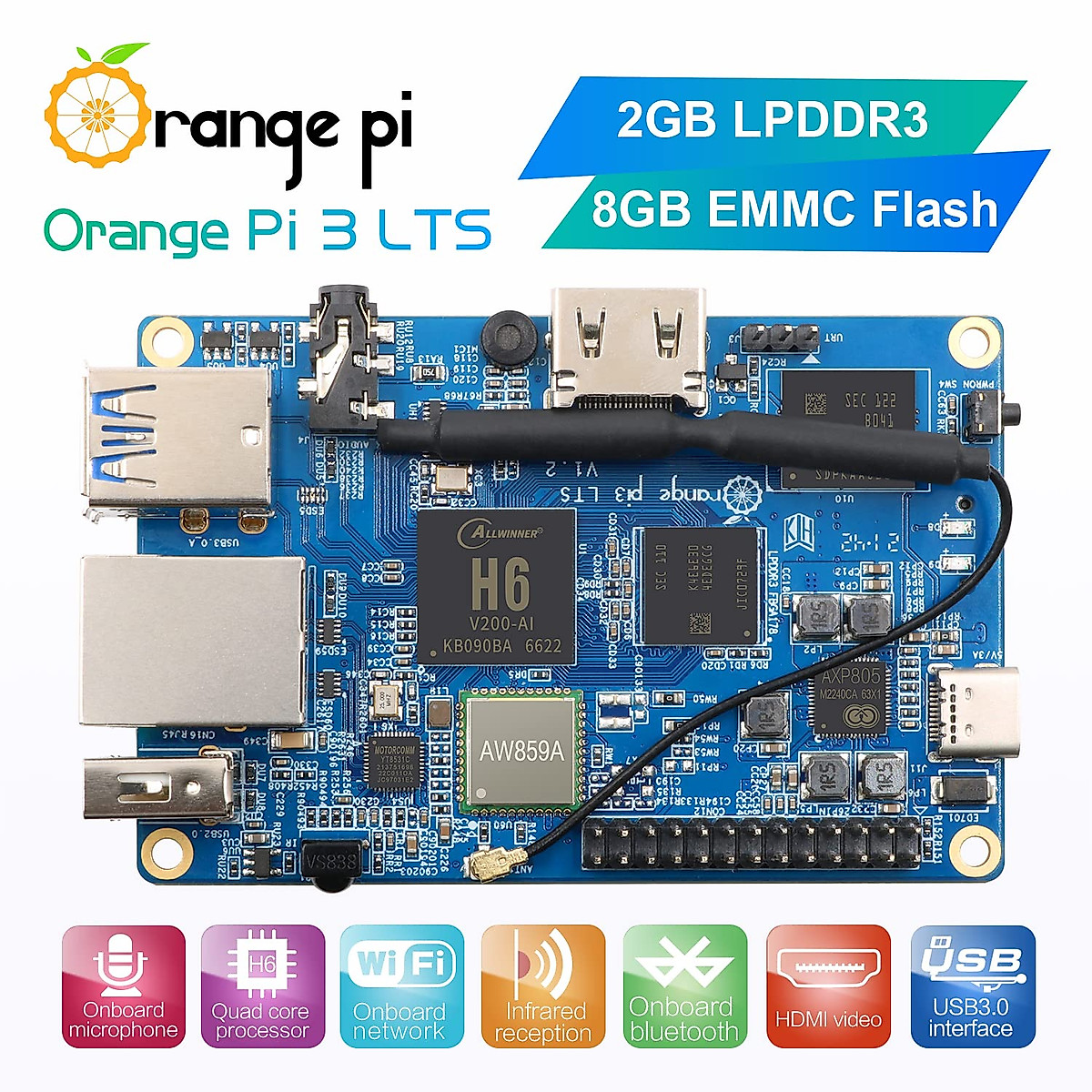 Orange Pi 3 LTS 2GB LPDDR3 Allwinner H6 Flash 4-Core 64 Bit with 8GB eMMC Flash Single Board Computer, Support Dual-Band WiFi and Bluetooth 5.0 Development Board (Pi 3 LTS+Case+Heat Sink+Power Supply)