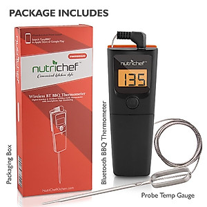 NutriChef Bluetooth Grill BBQ Meat Thermometer Digital Wireless Grill Thermometer, Timer, Alarm, 150 ft Barbecue Cooking Kitchen Food Meat Thermometer for Smoker, Oven
