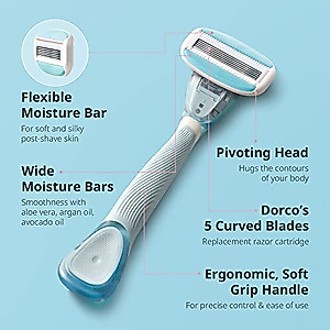 Dorco EVE 5 Razors for Women for Extra Smooth Shaving (1 Razor Handle, 6 Pcs Razor Blade Refills), 5 Curved Blades with Flexible Moisture Bar, Womens Razors for Shaving with Aloe Vera Moisture Bar, Interchangeable Cartridge for Sensitive Skin, Stocking St
