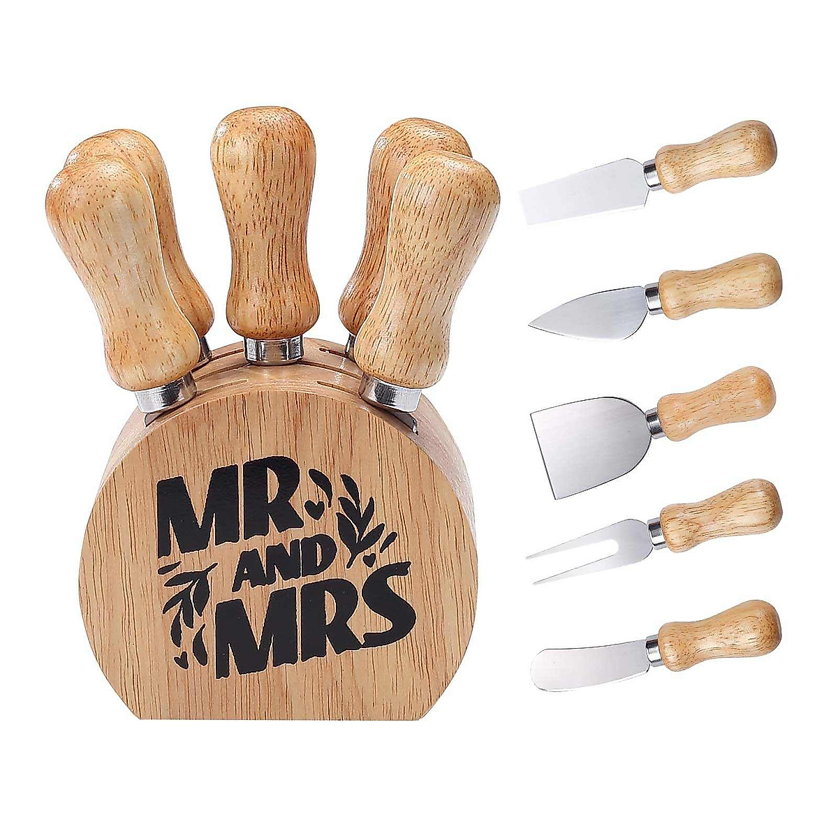 Qinwindeer Cheese Knife Set with Wooden Holder,Cheese Spreader Knives Set of 5 for Charcuterie Board,Charcuterie Boards Accessories Charcuterie Utensils Tools Git Box (Mr Mrs)