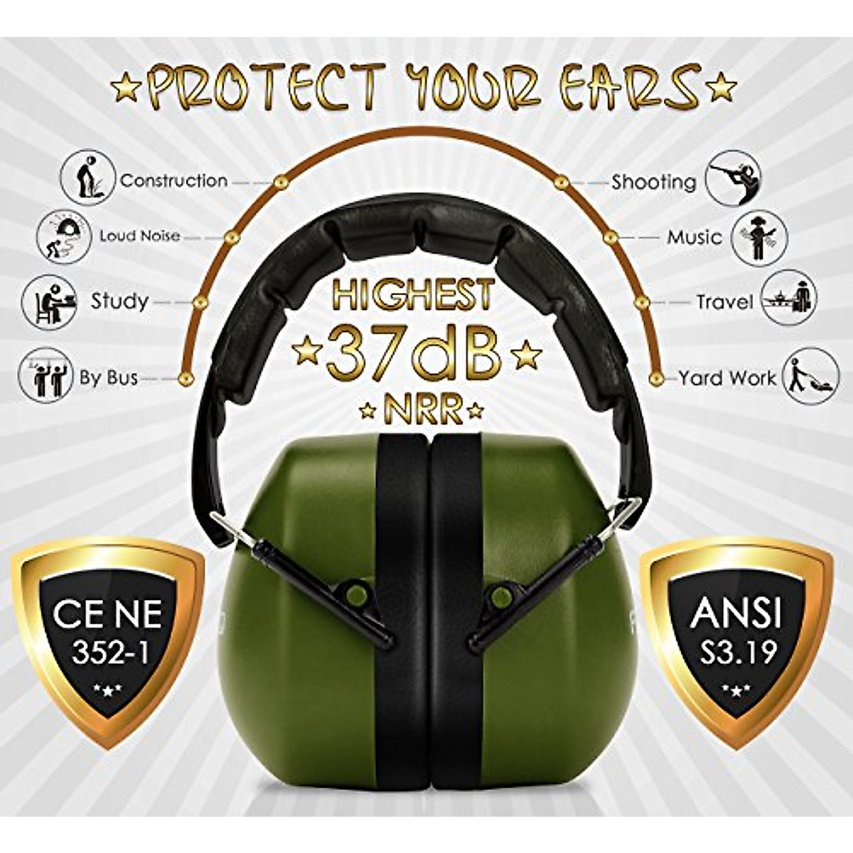 FRiEQ 37 dB NRR Sound Technology Safety Ear Muffs with LRPu Foam for Shooting, Music & Yard Work, Green