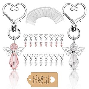 Dreamtop 30 Sets Angel Keychains Favor Angel Charms Angel Wing Pendant with Thank You Tags Drawstring Organza Bag Guest Return Gifts for Wedding Baby Shower Baptism Favors for Girls (Pink+White)