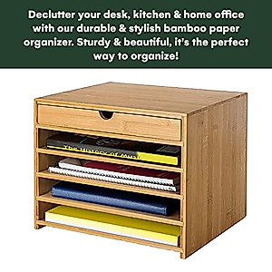Prosumer's Choice Bamboo Four Cubby Paper Letter Tray Organizer with Single Pull-Out Drawer for Home and Office | Desktop Organizer with Drawer - Natural Bamboo Color