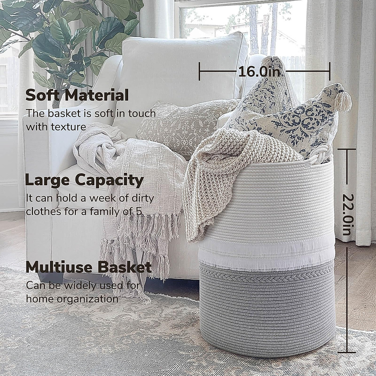 CherryNow Tall Laundry Hamper Baby Hamper for Nursery, Kids, Clothes Basket for Bedroom, Decorative Basket for Home Decor, Rope Laundry Basket Organizer, 16 x 22 inches, 69L, Grey