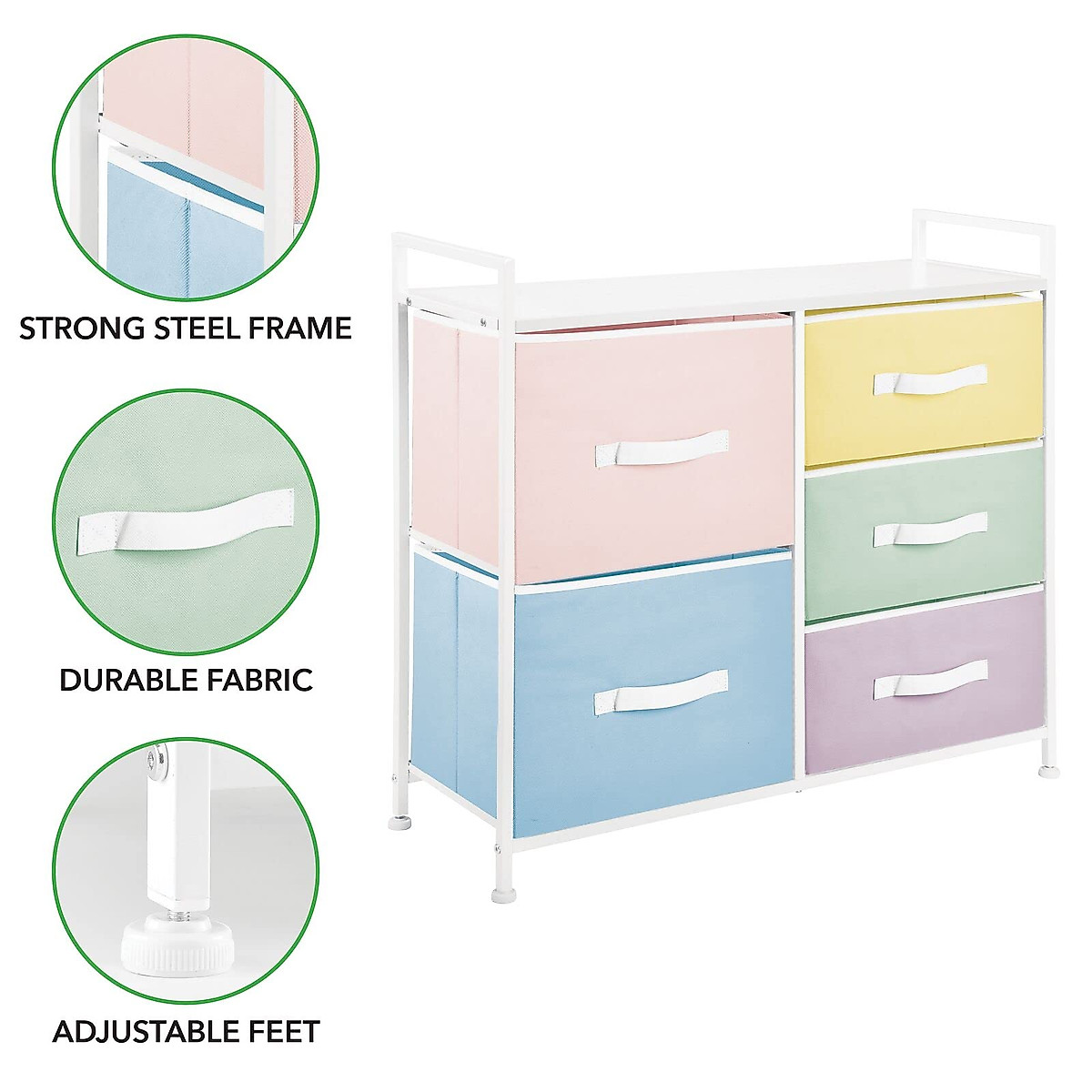 mDesign 30.3" High Steel Frame/Wood Top Storage Dresser Furniture, 5 Fabric Drawers, Tall Bureau Organizer for Baby, Kid, Teen Bedroom, Nursery, Playroom, Dorm, Jane Collection, Bright Multi/White