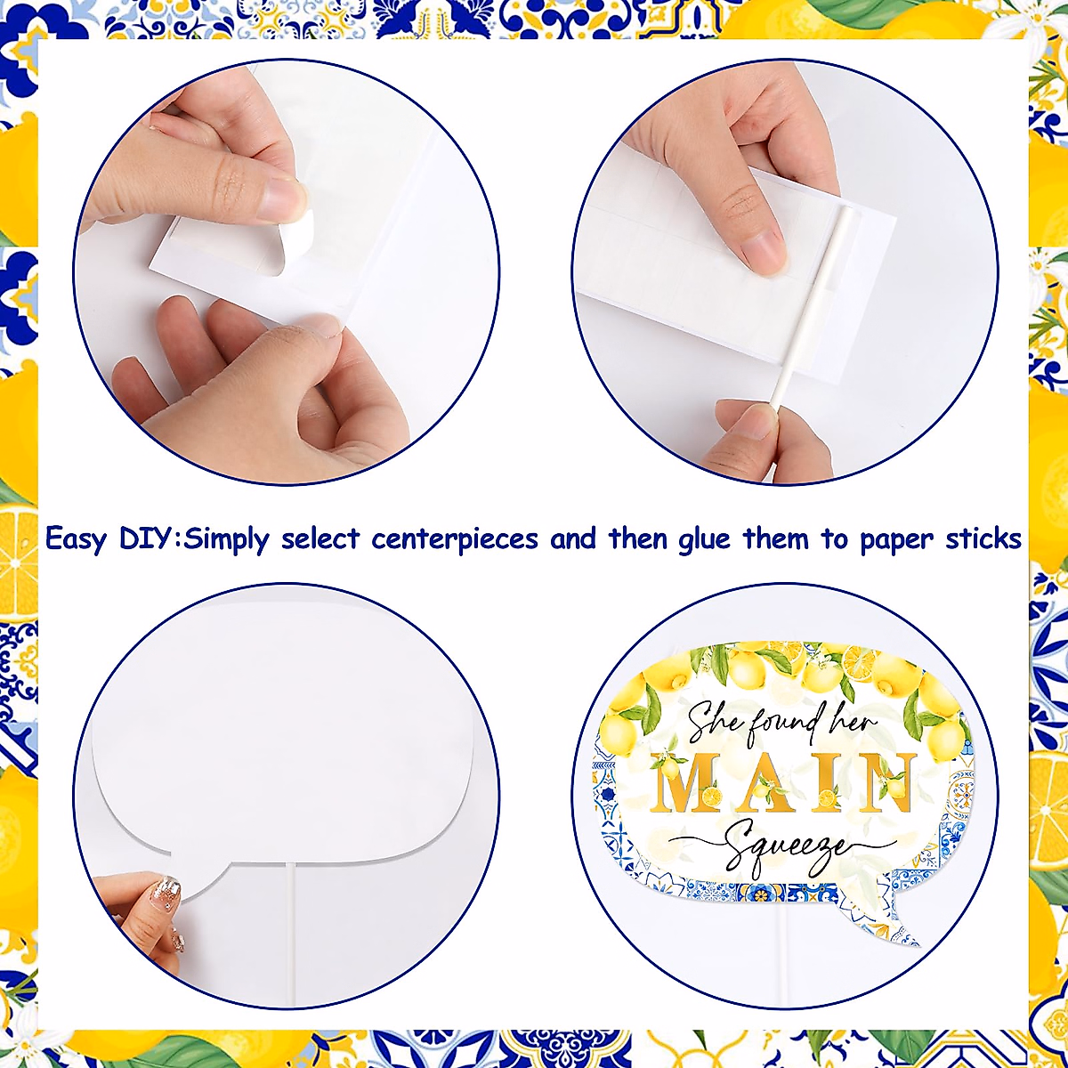 24 Pieces She Found Her Main Squeeze Photo Booth Props - Blue Tile and Lemon Bridal Shower Decorations, Yellow and Blue Capri Lemon Theme Party Supplies