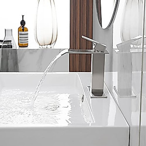 BWE Waterfall Bathroom Faucet Brushed Nickel with Pop Up Drain Stopper Overflow Assembly and Supply Hose Single Handle for Sink 1 Hole Bathroom Sink Faucet Parts Spout Bath Lavatory Vanity
