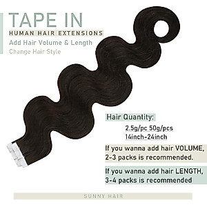 Sunny Tape in Hair Extensions Body Wave Dark Brown Tape in Human Hair Extensions Soft Curly Hair Tape on Hair Extensions Brown Body Wave Skin Weft 20pcs 50g 14inch