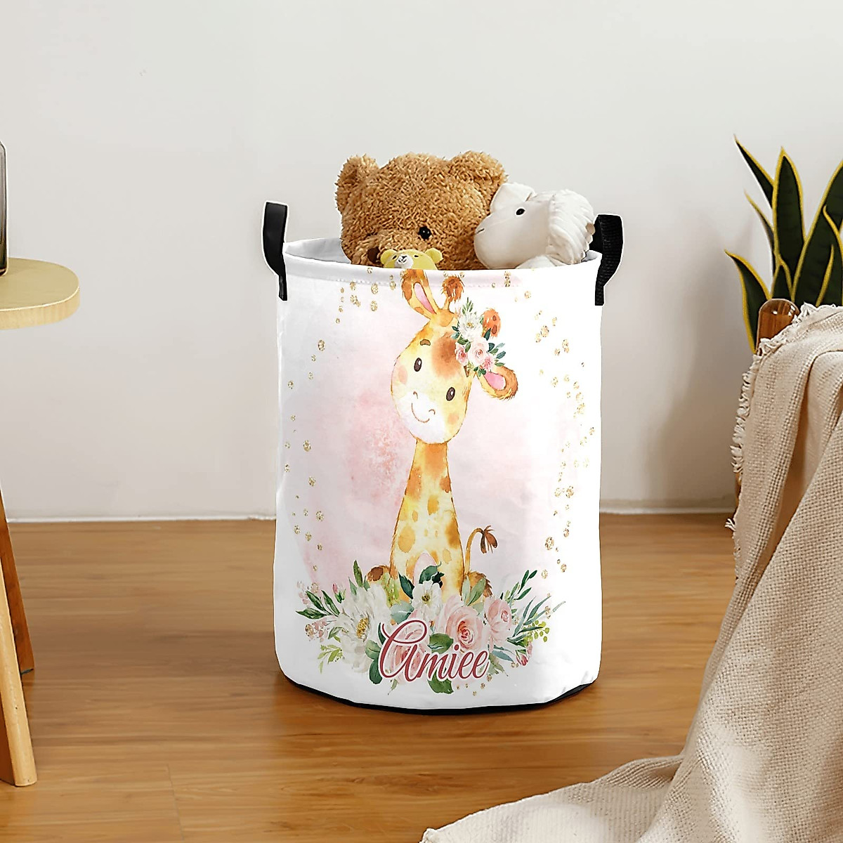 Floral Jungle Giraffe Personalized Laundry Basket Clothes Hamper with Handles Waterproof,Custom Collapsible Laundry Storage Baskets for Bedroom,Bathroom Decorative Large Capacity