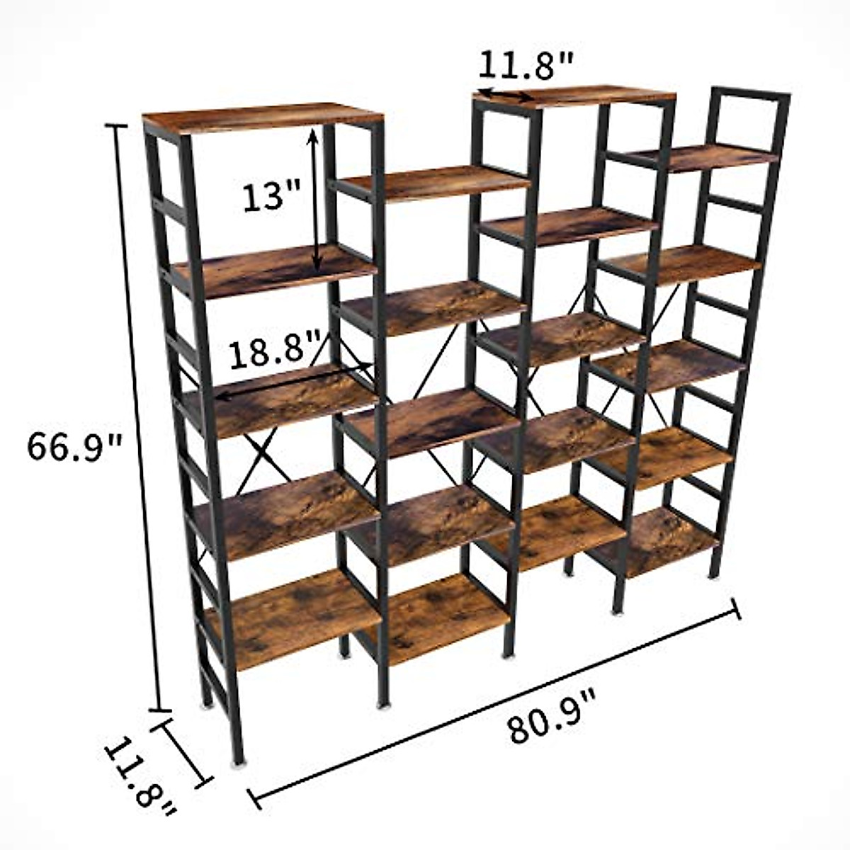 LAVIEVERT Quadruple Wide 5-Tier Bookcase Etagere Large Open Bookshelf Rustic Industrial Style Shelves with Metal Frame & Vintage Wood for Home & Office - Rustic Brown