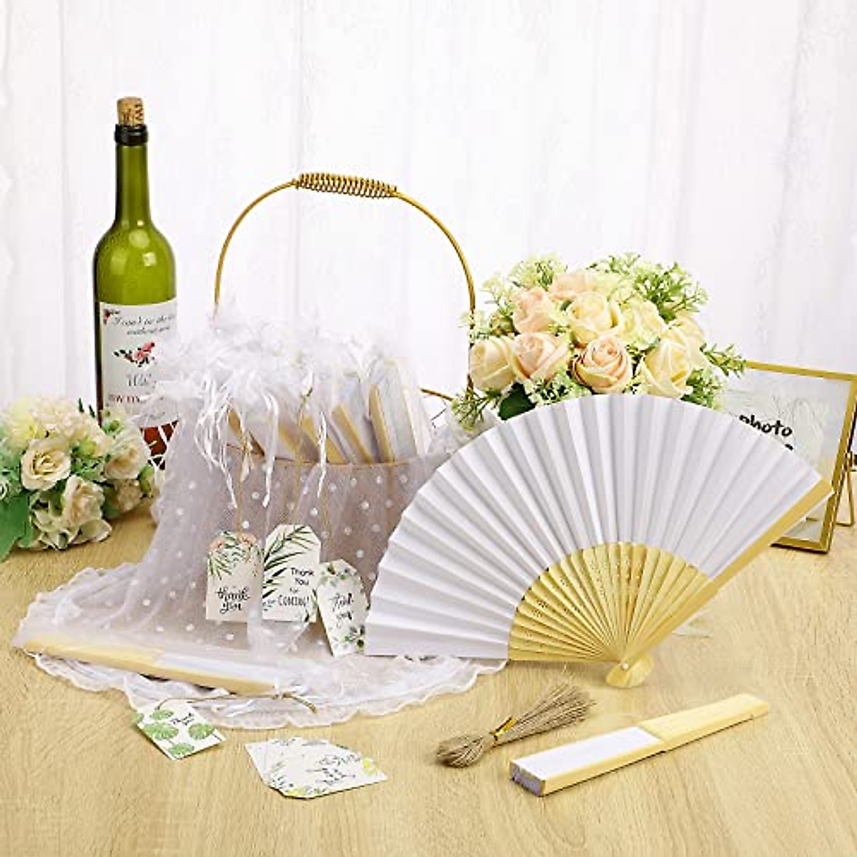 100 Set Folding Fans Wedding Fans Bamboo Hand Held Sandalwood Fans with Thank You Cards, Tassels and Gift Bags for Wedding Guests Party Favors Bridal Shower Dancing Church Home Decoration