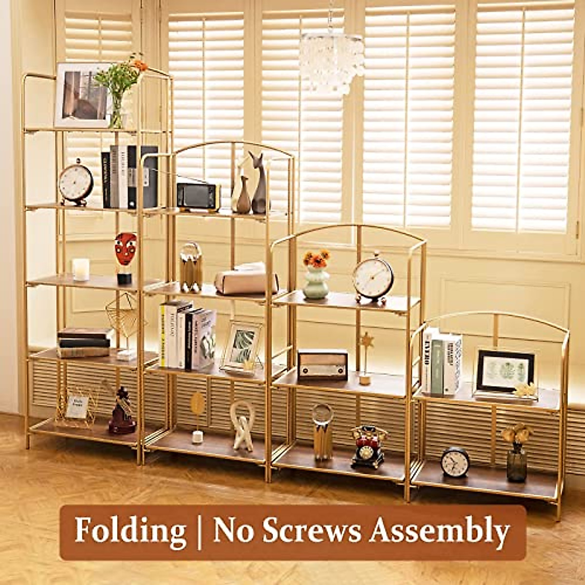 Crofy No Assembly Folding Bookshelf, 3 Tier Gold Bookshelf, Metal Book Shelf /Bookcase for Office Organization and Storage, 12.6 D x 22.44 W x 42.13 H Inches