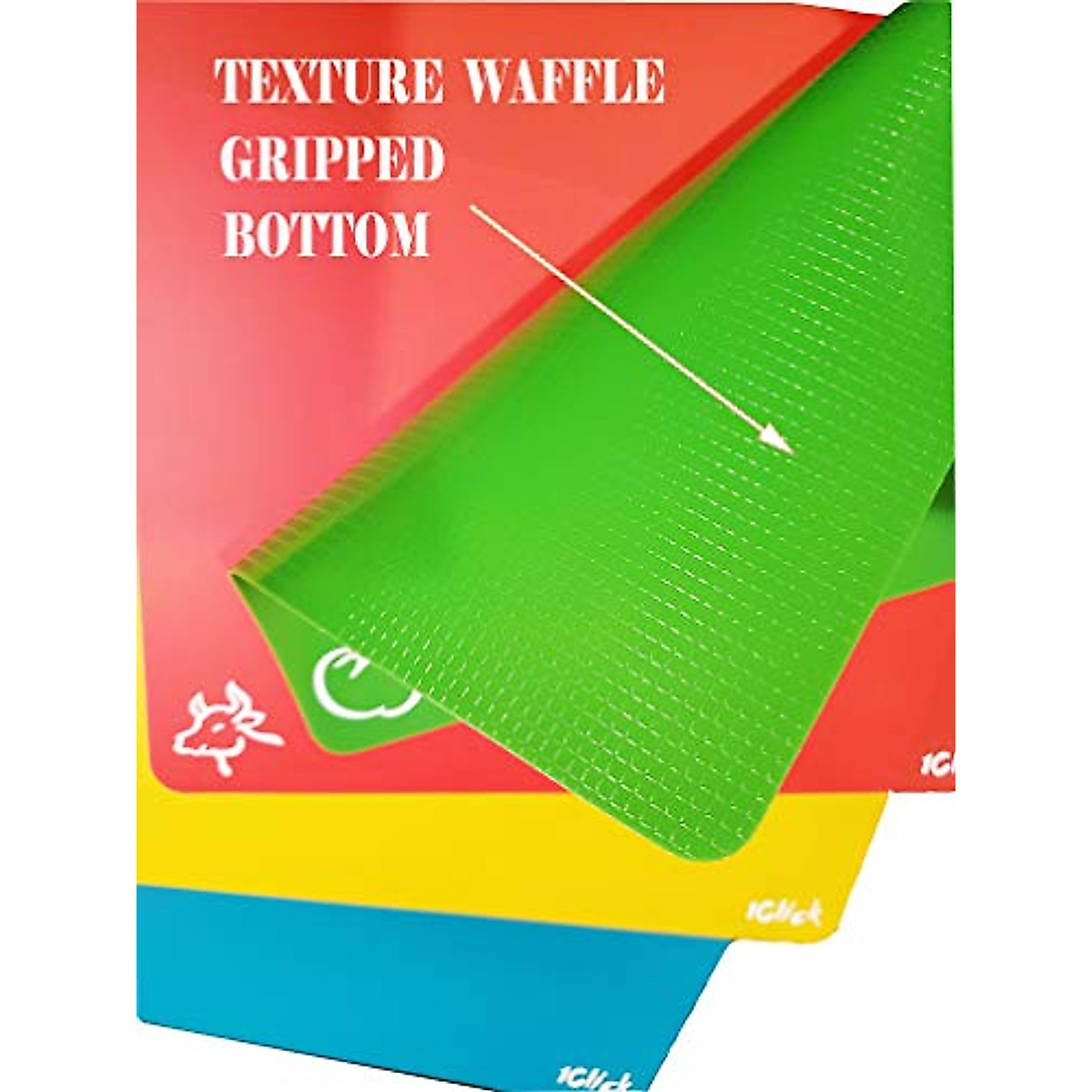 1 Click Extra Thick Flexible Plastic Cutting Board Mats with Food Icons &"EZ-Grip" Waffle Back, (set of 4), For Kitchen & Bar