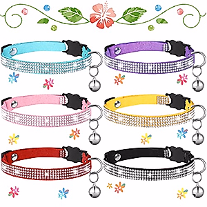 6 Pcs Rhinestones Cat Collar Breakaway Bling Diamond Cat Collar for Girl Boy Cats Collar with Bell Soft Velvet Adjustable Safety Shine Collar for Cat Puppy (Lovely Color, 7.9-9.8 inch)