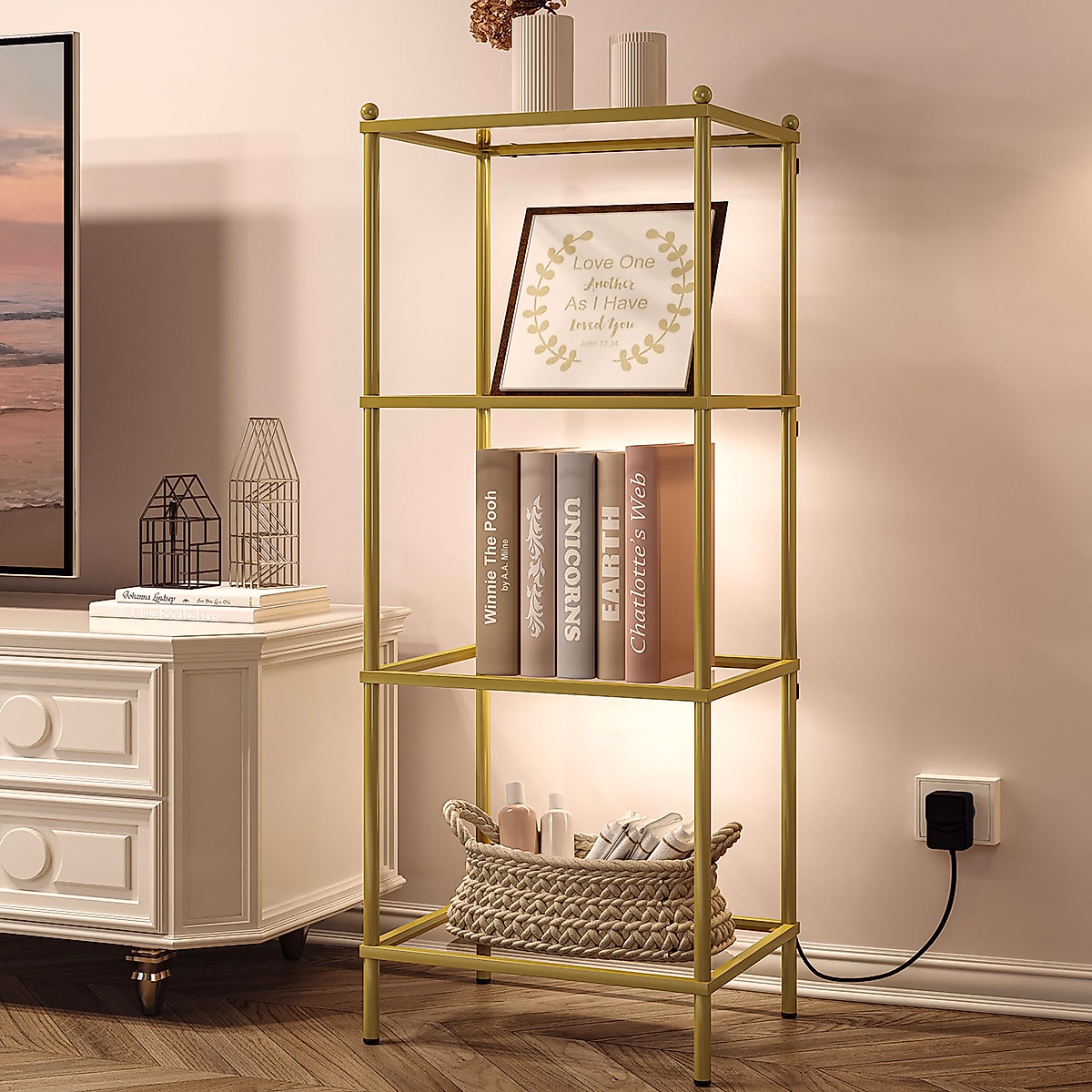 Hzuaneri Bookcase Bookshelf with LED Lighting, Tempered Glass Bookshelves, 8 Levels of Brightness and 20 Colors, Slim Shelving Unit for Bedroom Bathroom, Home Office, Steel Frame, 5 Tier Gold BC23599A