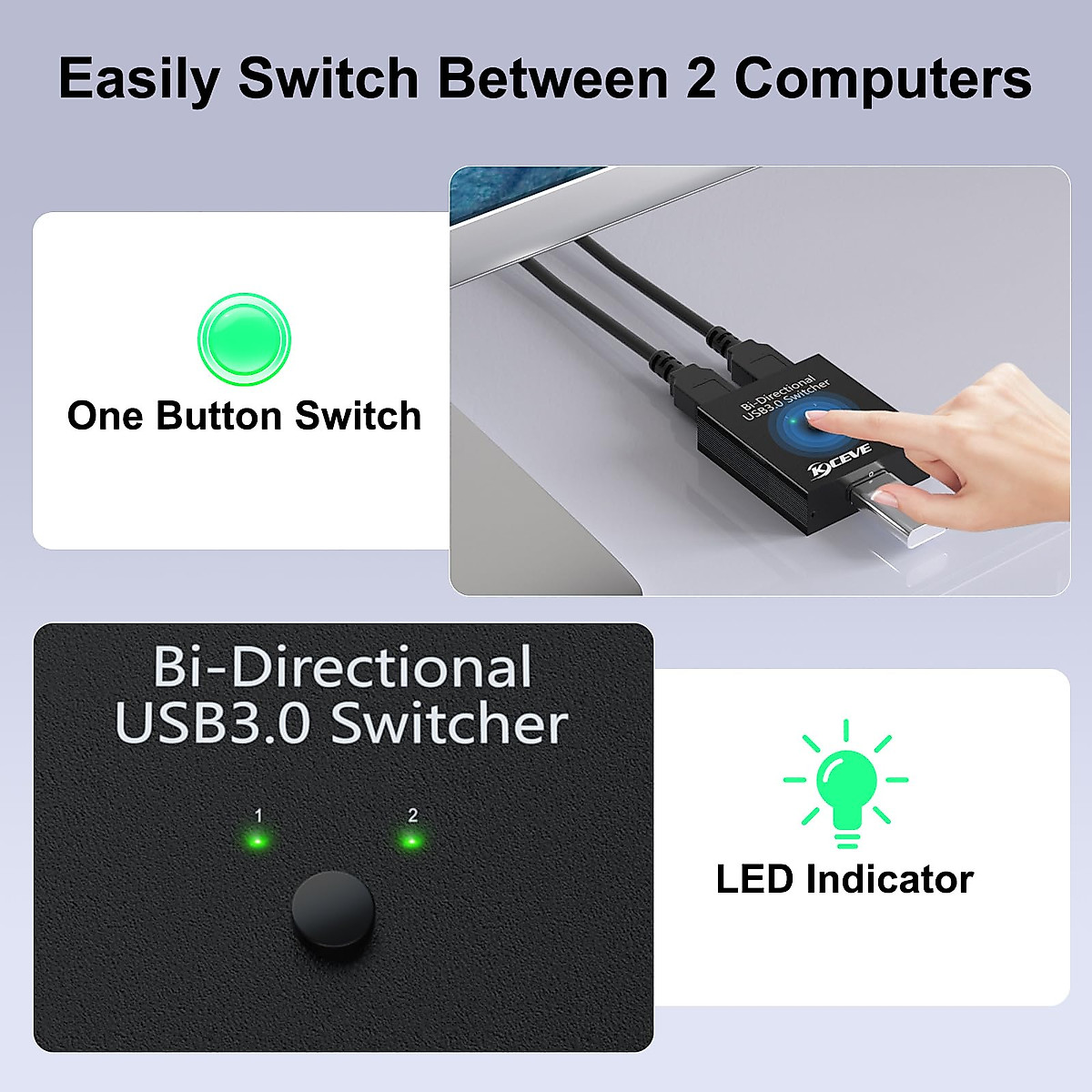 USB 3.0 Switch Selector, Bi-Directional USB Switch 2 in 1 Out / 1 in 2 Out, MLEEDA USB Switcher for 2 Computers Share Keyboard Mouse Scanner Printer