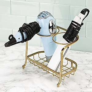 mDesign Steel Bathroom Countertop Hair Tool Storage Organizer Accessory Basket Tray, Vanity Table Holder for Hair Dryer, Flat and Curling Irons, Styling Products, Hyde Collection, Soft Brass