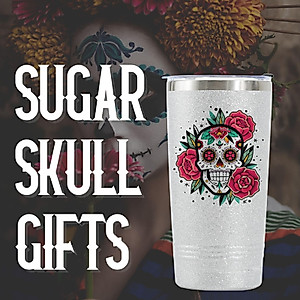 Onebttl Sugar Skull Gifts for Women, Day of the Dead, 20 oz Travel Tumbler with Lid, Brush, and Straw, Mexican Gifts, Silver Glitter