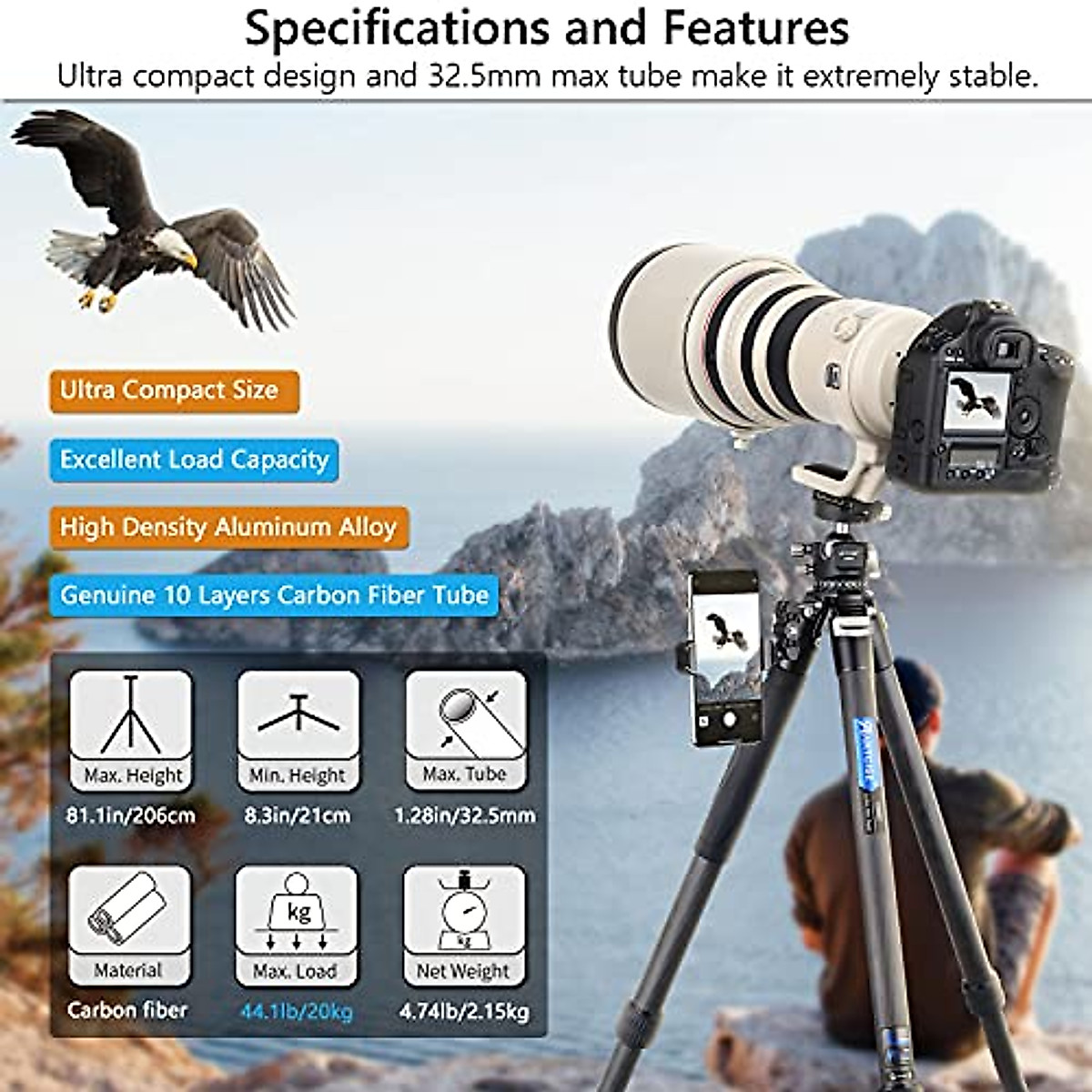 Carbon Fiber Heavy Duty Tripod ARTCISE 81'' Professional Tripod for Camera, 10-Layer Carbon Fibre Tube, 32.5mm Leg with Low Profile Tripod Ball Head for Canon Nikon Sony, DSLR SLR Digital Camcorder
